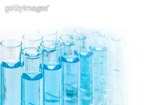 test tubes with blue liquid in laboratory 이미지 (1419461229) - 게티이미지뱅크