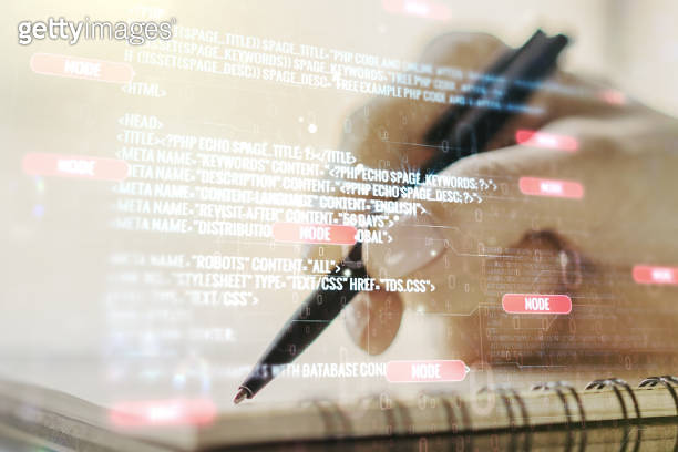 Double exposure of abstract programming language with man hand writing ...