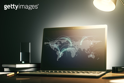 Modern computer monitor with abstract digital world map with ...