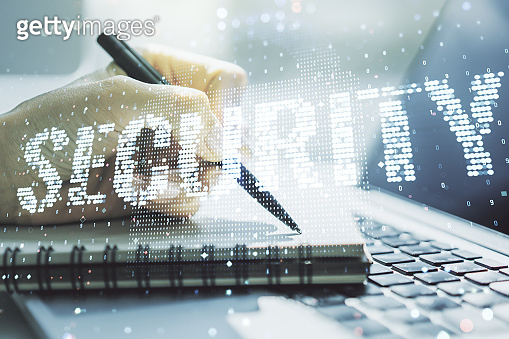 Cyber security creative concept with hand writing in notepad on ...