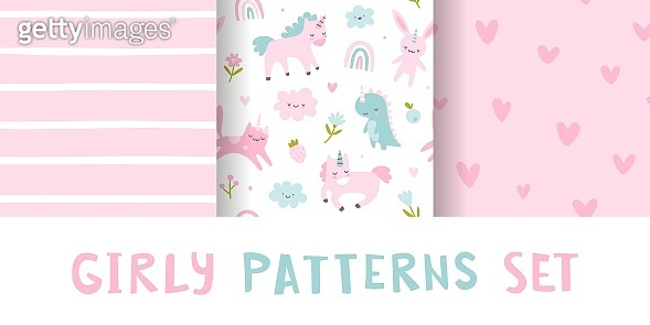 Baby girl pattern collection. Cute seamless pink vector prints set ...
