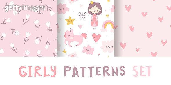 Girly pattern collection. Cute seamless pink vector prints set ...