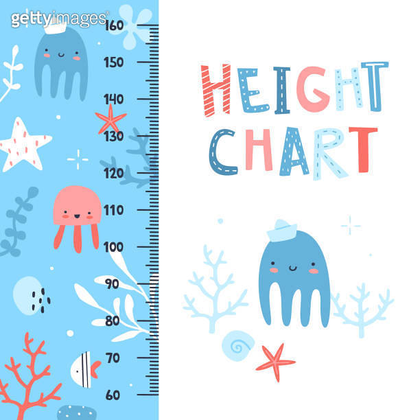 Underwater height chart with sea animals. Baby wall ruler with seaweed ...
