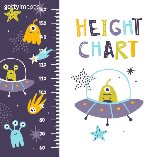 Space height chart with aliens for nursery. Cosmic adventure kids ruler ...