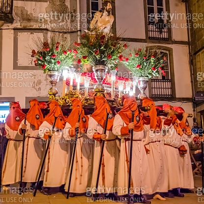 Traditional Spanish Holy Week procession on Holy Thursday night in the ...