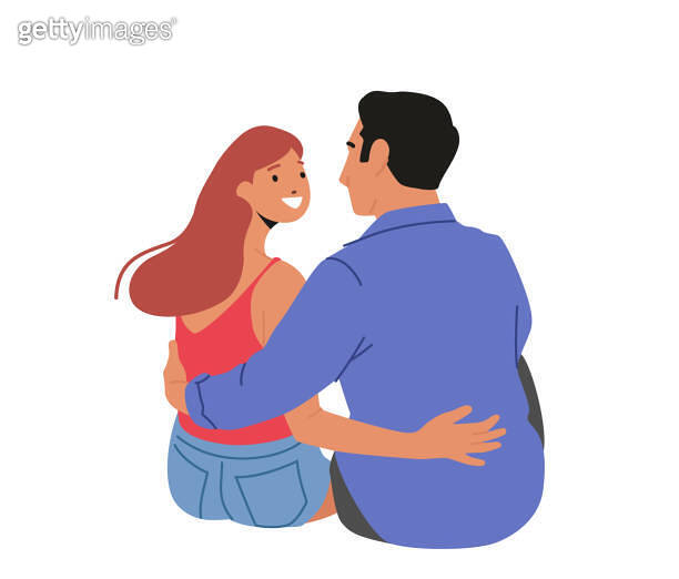 Male and Female Characters Sitting on Ground, Hug and Look in Eyes Rear ...