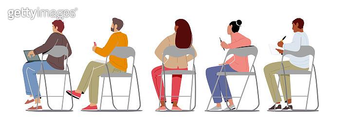 Sitting People Rear View, Young Men and Women Characters Sit on Chairs ...