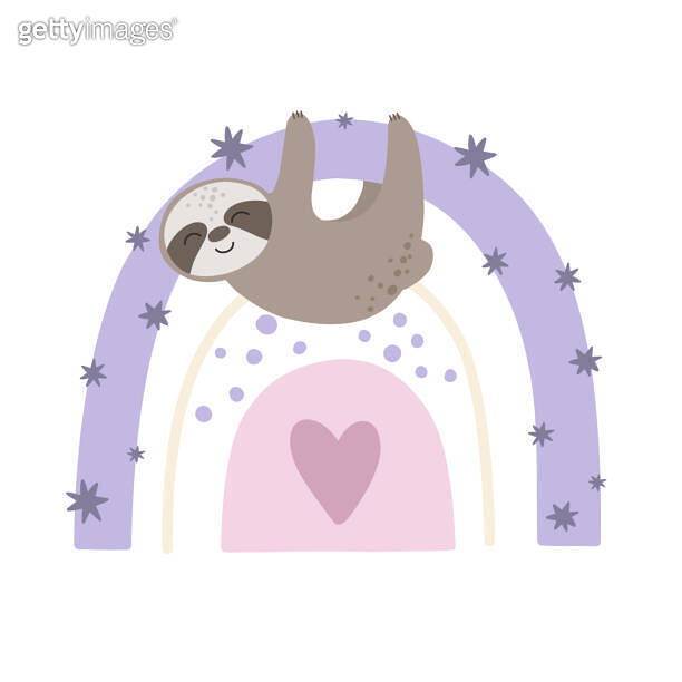 Cute sloth on the rainbow. Children's hand drawn illustration, vector ...