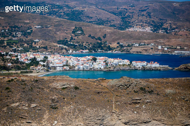 andros island capital called andros houses lighthouse sea greece ...