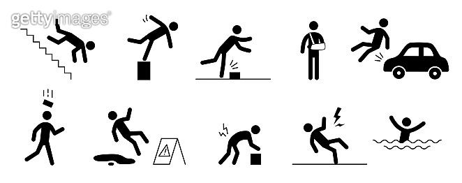 Accident pictogram man icon. Car accident, injury arm, stumble ...