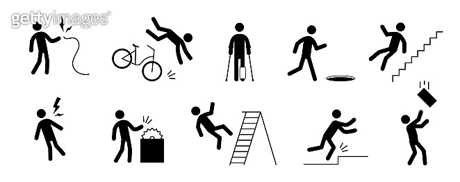 Accident pictogram man icon. Ladder falling, injury leg, bike accident ...