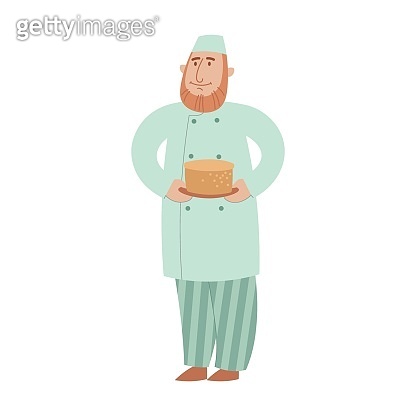 Baker in uniform cartoon illustration. Man confectioner with holding ...