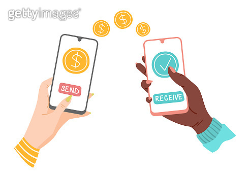 Hands and phones with transaction process vector illustration ...