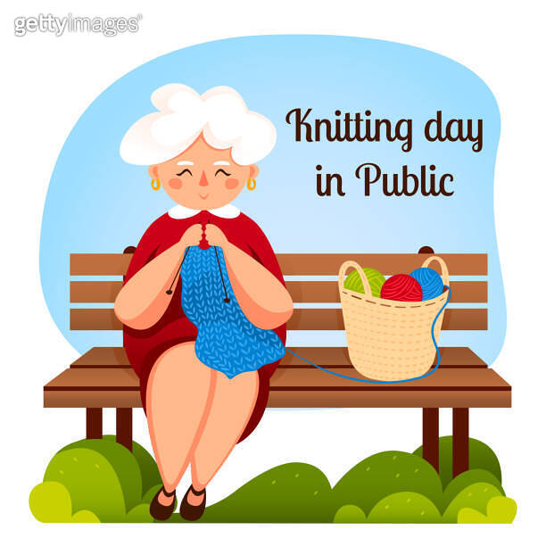 Grandmother knitting at park on bench. Knitting day on public. Concept ...