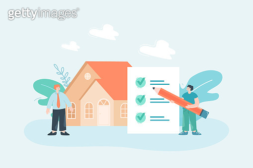 Tiny man signing lease agreement flat vector illustration 이미지 ...