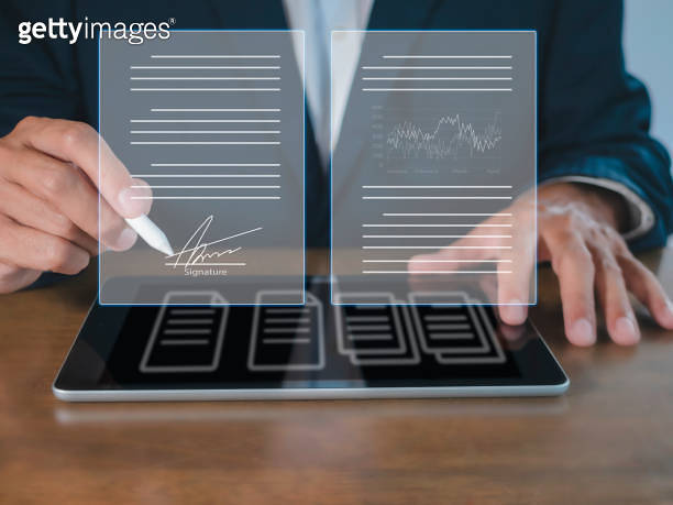 businessman use electronic pen sign signature on electronic E-signing ...