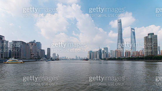 Landscape of Shanghai skyline viewed on Huangpu river, landmarks in ...