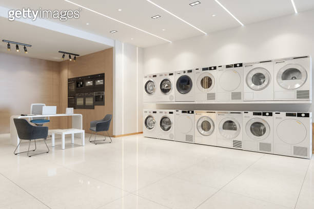 Home Appliance Store Interior With Washing Machines, Electric Ovens ...