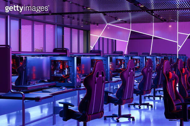 Esports Video Gaming Studio With Computers, Gaming Chairs And Neon ...