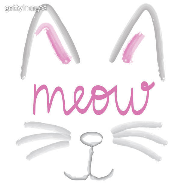 Meow - handwritten text on a Cat outline with whiskers and ears in grey ...