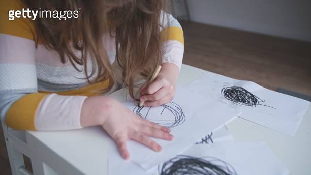 Young Troubled Caucasian Kid Child Girl Drawing Disturbing Chaotic ...