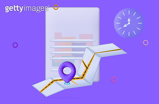 Location map with 3d clock. Arrive on time. Definition, position mark ...