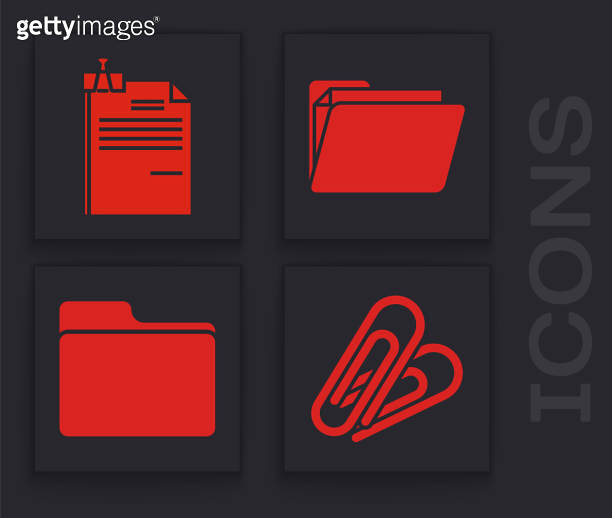 Set Paper clip, File document and binder clip, Document folder and Document folder icon. Vector ...
