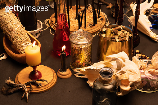 Witchcraft ritual ceremony, selective focus. Alchemy and esoteric ...