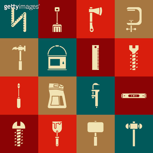 Set Sledgehammer, Construction bubble level, Metallic screw, Wooden axe ...