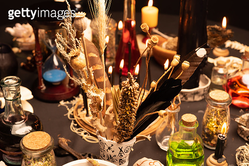 Witchcraft ritual ceremony, selective focus. Alchemy and esoteric ...
