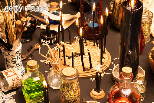 Witchcraft ceremony with ritual dark magic objects. Selective focus at ...