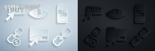 Set Cursor click document folder, Percent discount and mobile, Chain link coin, Eye with dollar ...