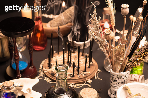 Witchcraft ritual ceremony, selective focus. Alchemy and esoteric ...
