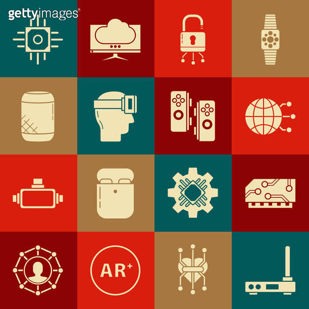 Set Router and wi-fi signal, RAM, random access memory, Global technology social network, Lock ...