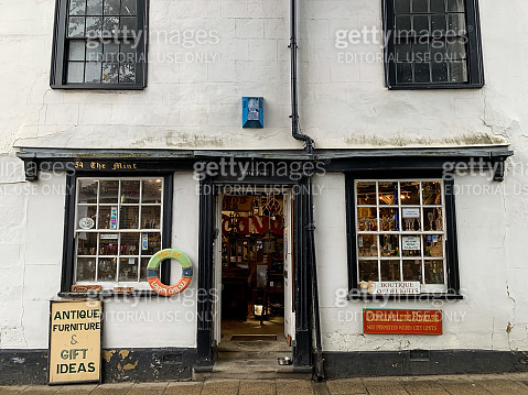 Old charming facade of antique furniture shop at The Mint street in Rye ...