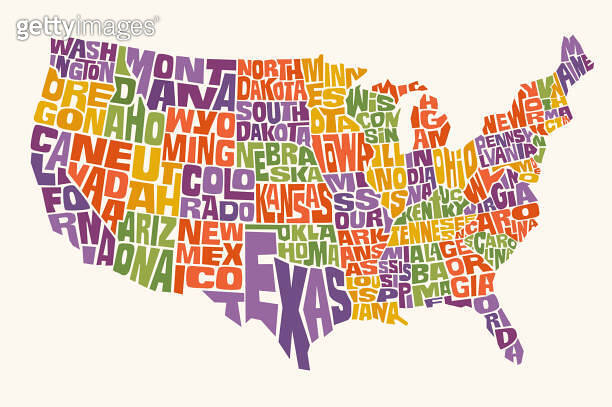 United States map with names in the shape of each state. Colorful map ...