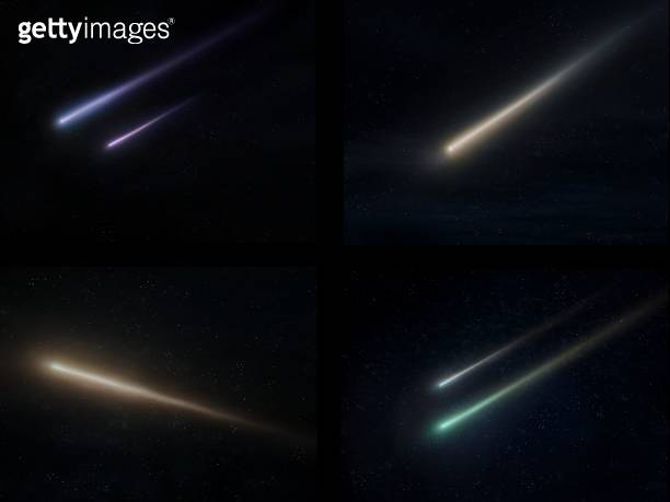 Composite image of glowing meteor trails in the night sky 이미지 ...