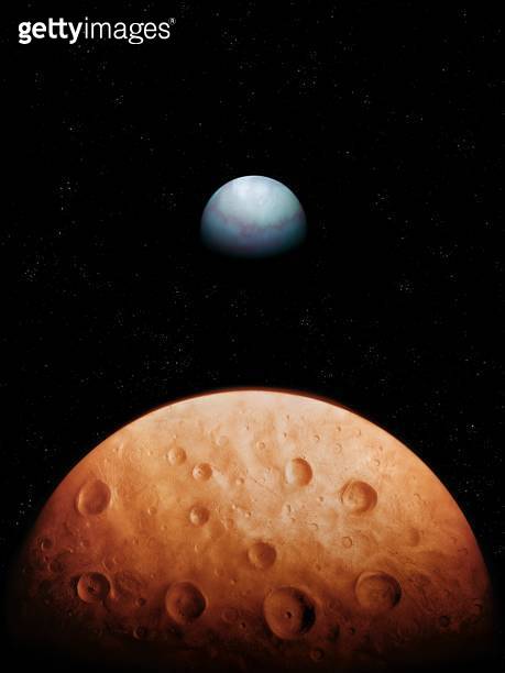 Spectacular space landscape. Planets in space. Surface of the red ...