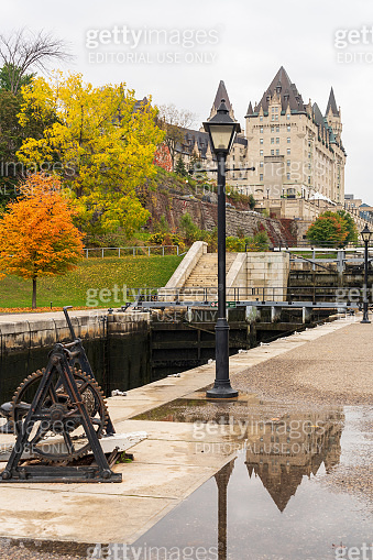 Rideau Canal Rideau Waterway autumn red leaves scenery. Fall foliage in ...