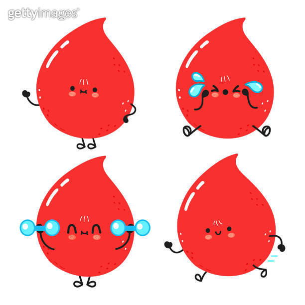 Funny cute happy blood drop characters bundle set. Vector kawaii line ...