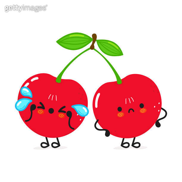 Cute sad cherry character. Vector hand drawn cartoon kawaii character ...
