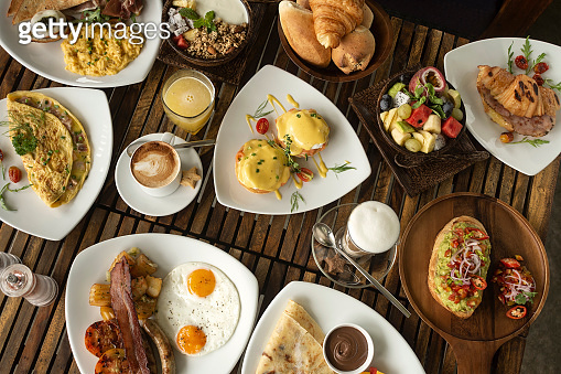 many mixed western breakfast food items on cafe table 이미지 (1405557068 ...