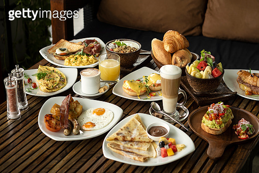 many mixed western breakfast food items on cafe table 이미지 (1405557065 ...