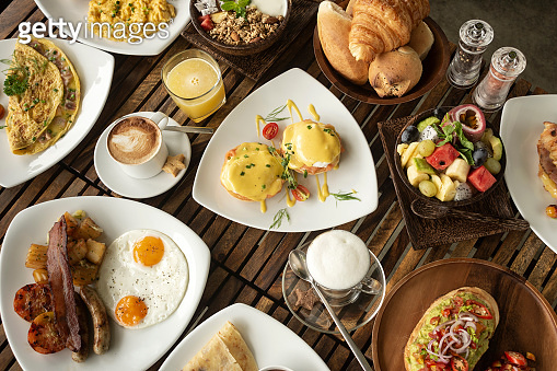 many mixed western breakfast food items on cafe table (1409828862) - 게티 ...