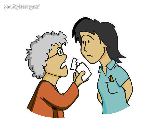 Cute worried old woman telling to a worker woman that she has a problem ...