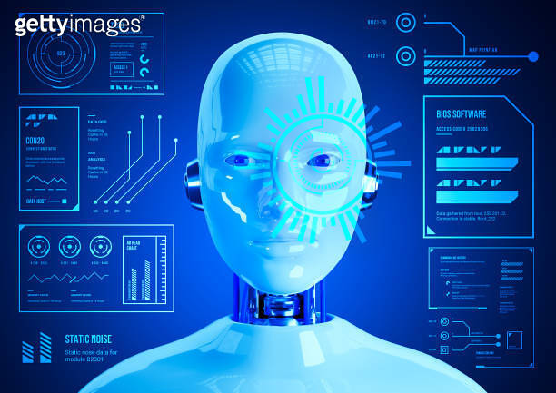 AI robot cyborg on holographic interface. Futuristic hud app interface ...
