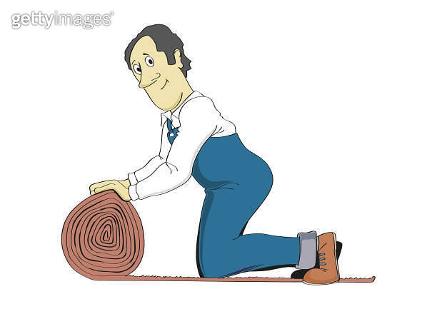 Worker, man cute character crouched on the floor down on his knees ...