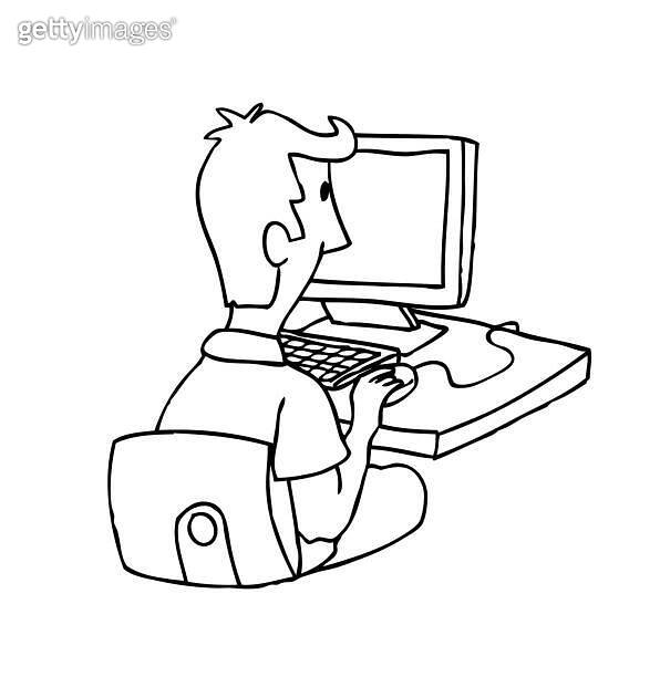 Back, rear view of a man character sitting on his desk and using a ...