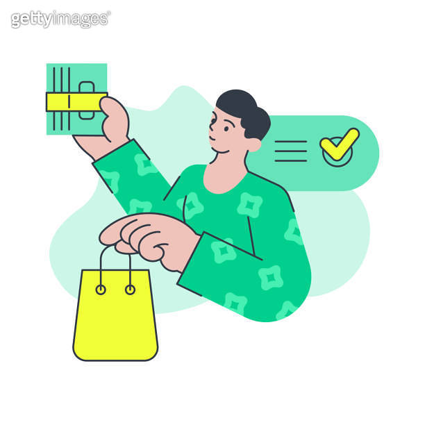 Man customer buying goods with paper shopping bag and currency cash ...