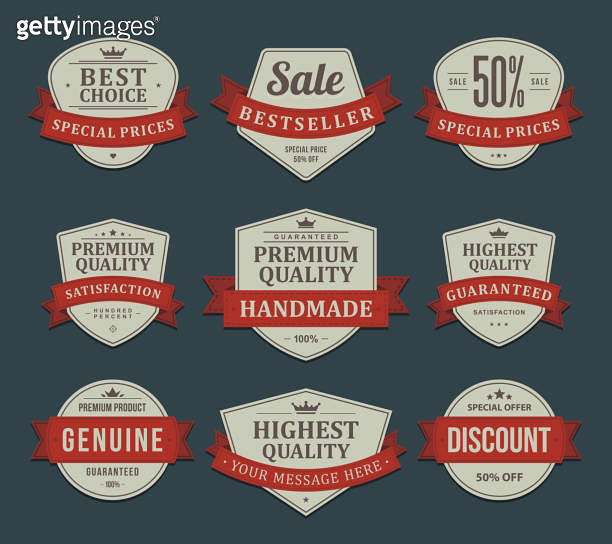 Vintage promotional products vector labels. Crumpled stickers faded old ...